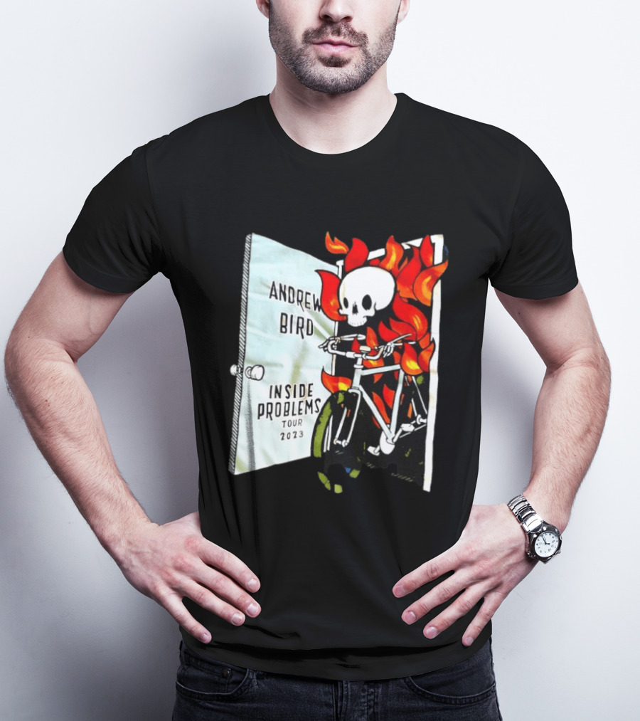 Andrew Bird Inside Problems Tour 2023 Flaming Skeleton On Bicycle T-Shirt