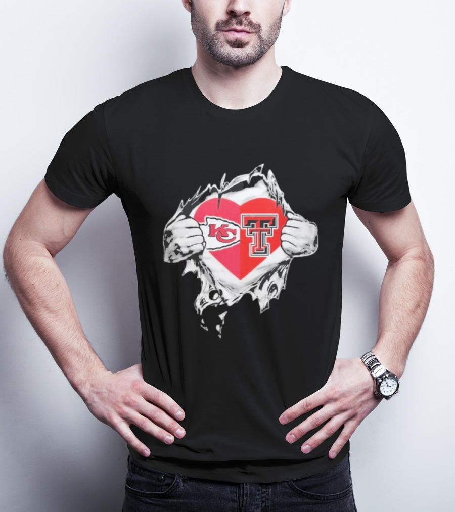 Chiefs Texas Tech Red Raiders Heart Emblem Torn Reveal T-Shirt