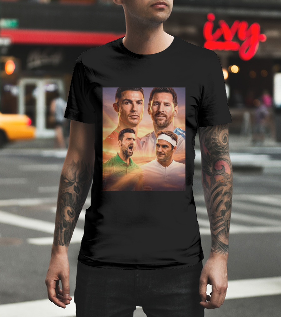 Cristiano Ronaldo Lionel Messi Novak Djokovic Roger Federer GOAT Sports Legends Celebrating Iconic Athletes T-Shirt
