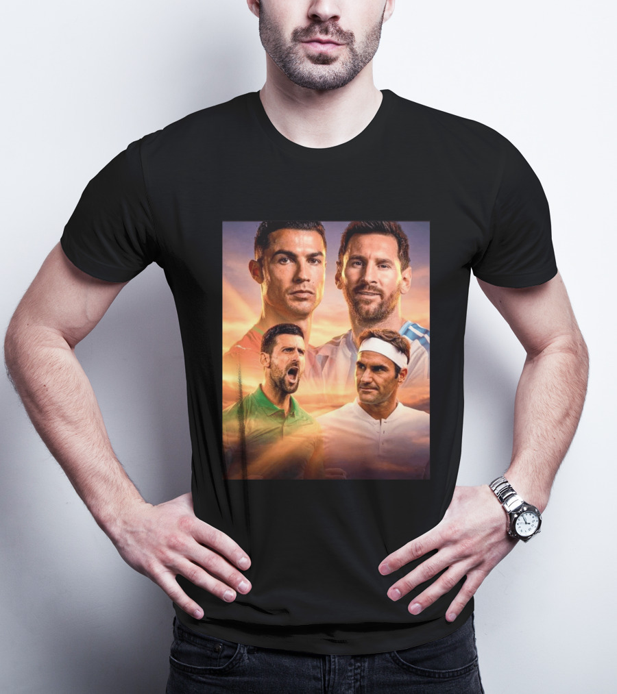 Cristiano Ronaldo Lionel Messi Novak Djokovic Roger Federer GOAT Sports Legends Celebrating Iconic Athletes T-Shirt
