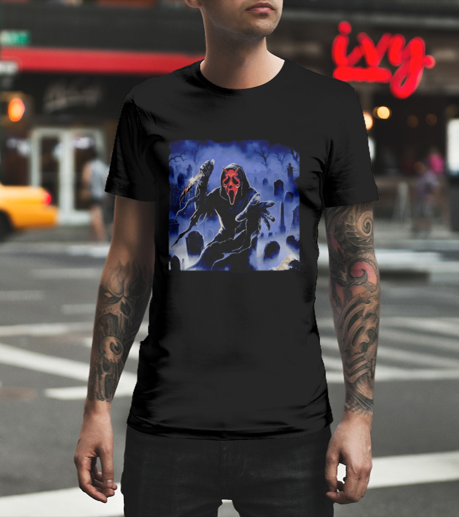 Ghostface Scream Devil Mask With Knife In Cemetery T-Shirt