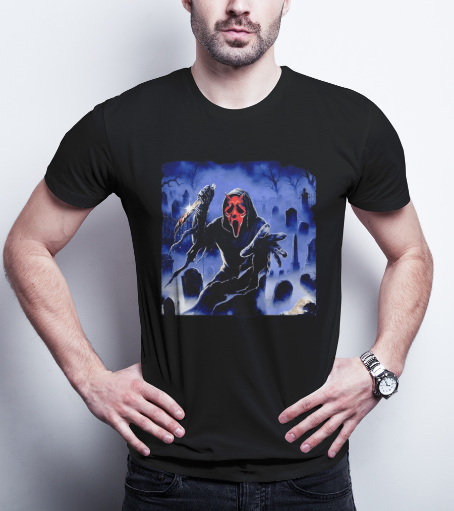 Ghostface Scream Devil Mask With Knife In Cemetery T-Shirt