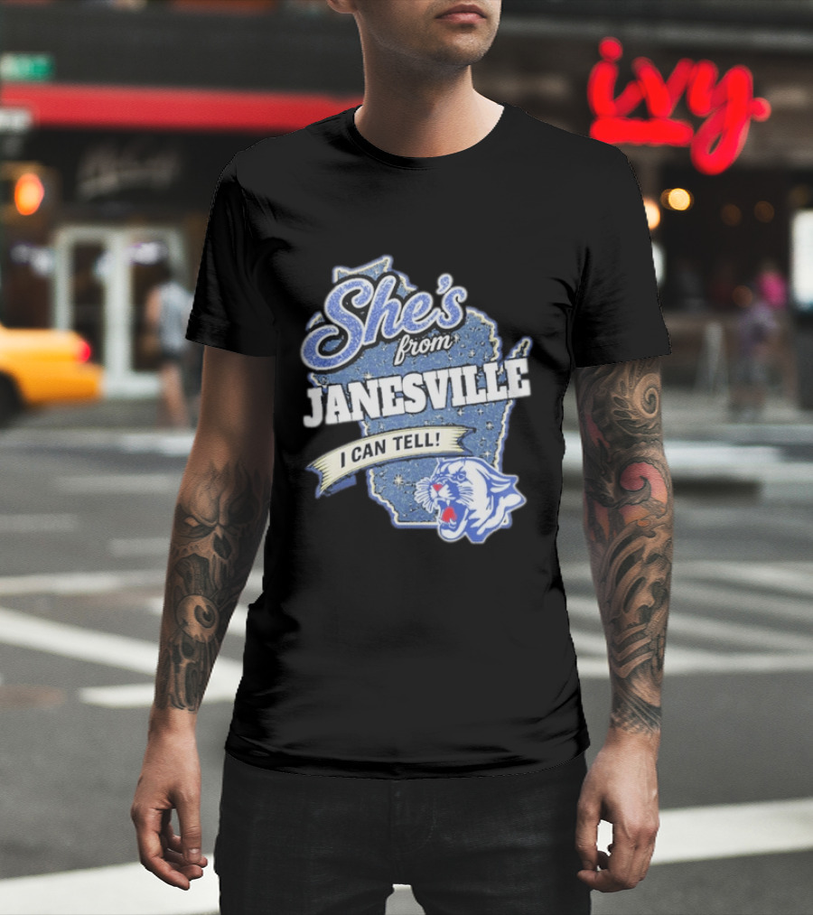 She's From Janesville I Can Tell With Wisconsin Map And Wildcat T-Shirt