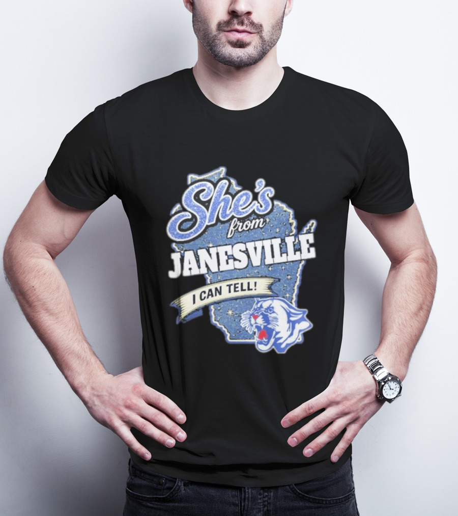 She's From Janesville I Can Tell With Wisconsin Map And Wildcat T-Shirt