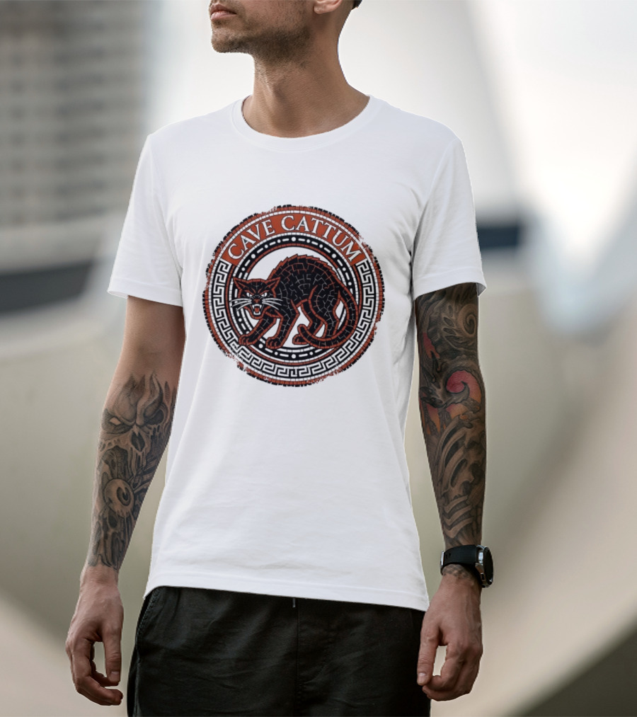 Cave Cattum Angry Cat Mosaic Roman Warning Sign T-Shirt