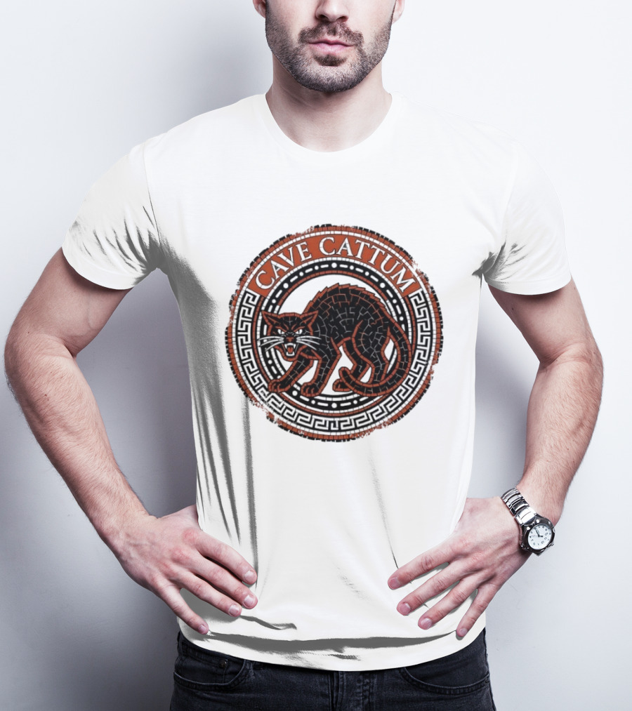 Cave Cattum Angry Cat Mosaic Roman Warning Sign T-Shirt