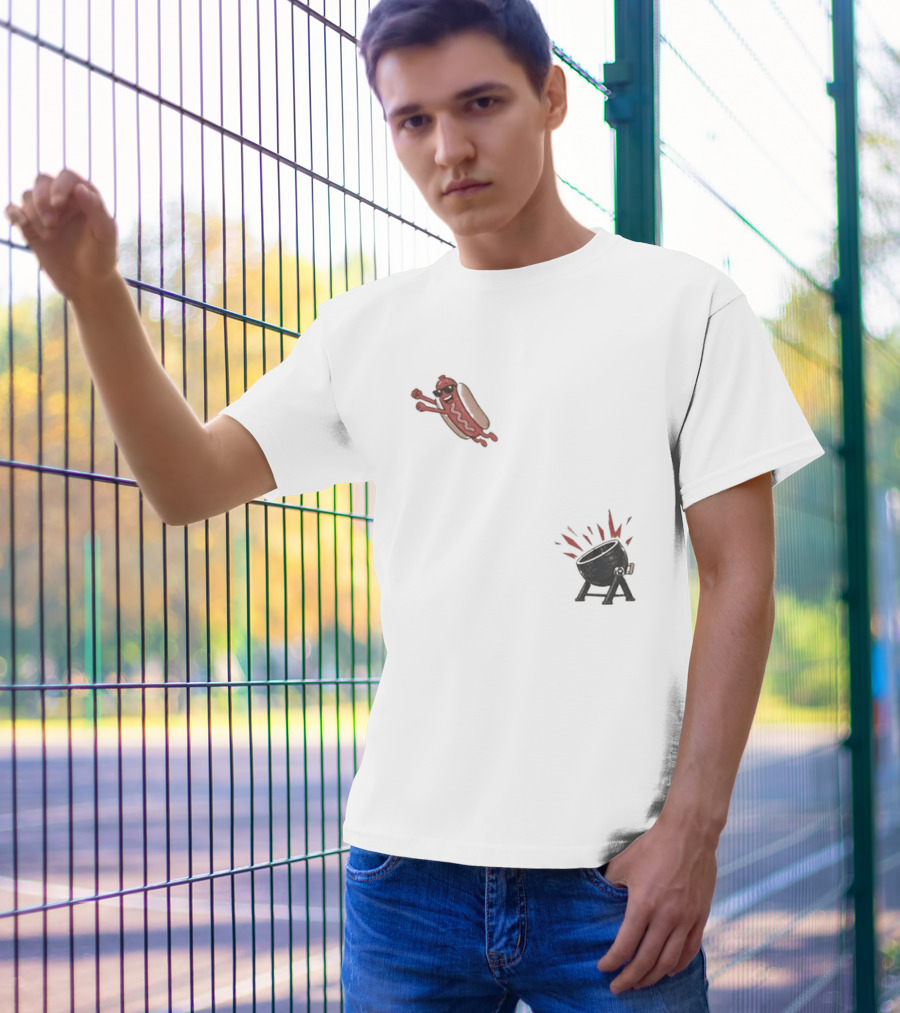 Hot Dog Jumping Into Grill Cartoon T-Shirt