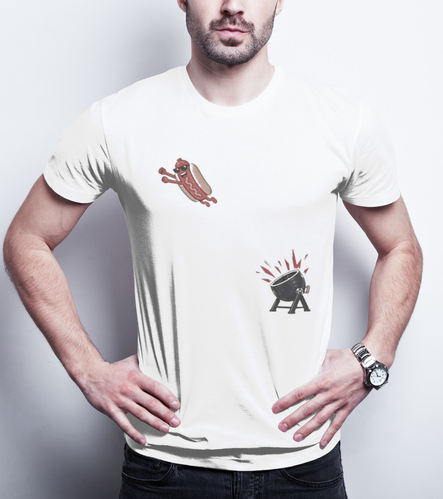 Hot Dog Jumping Into Grill Cartoon T-Shirt