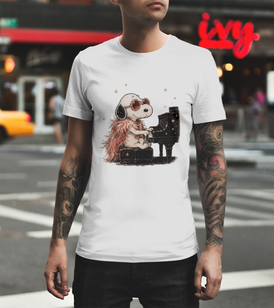 Snoopy Elton John Playing Piano Under Starry Nights T-Shirt