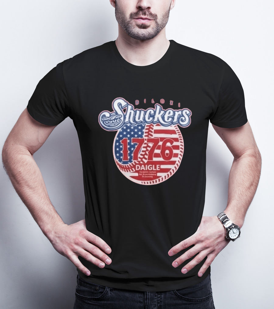 Biloxi Shuckers 1776 American Flag Baseball Daigle Text Stars Stripes T-Shirt