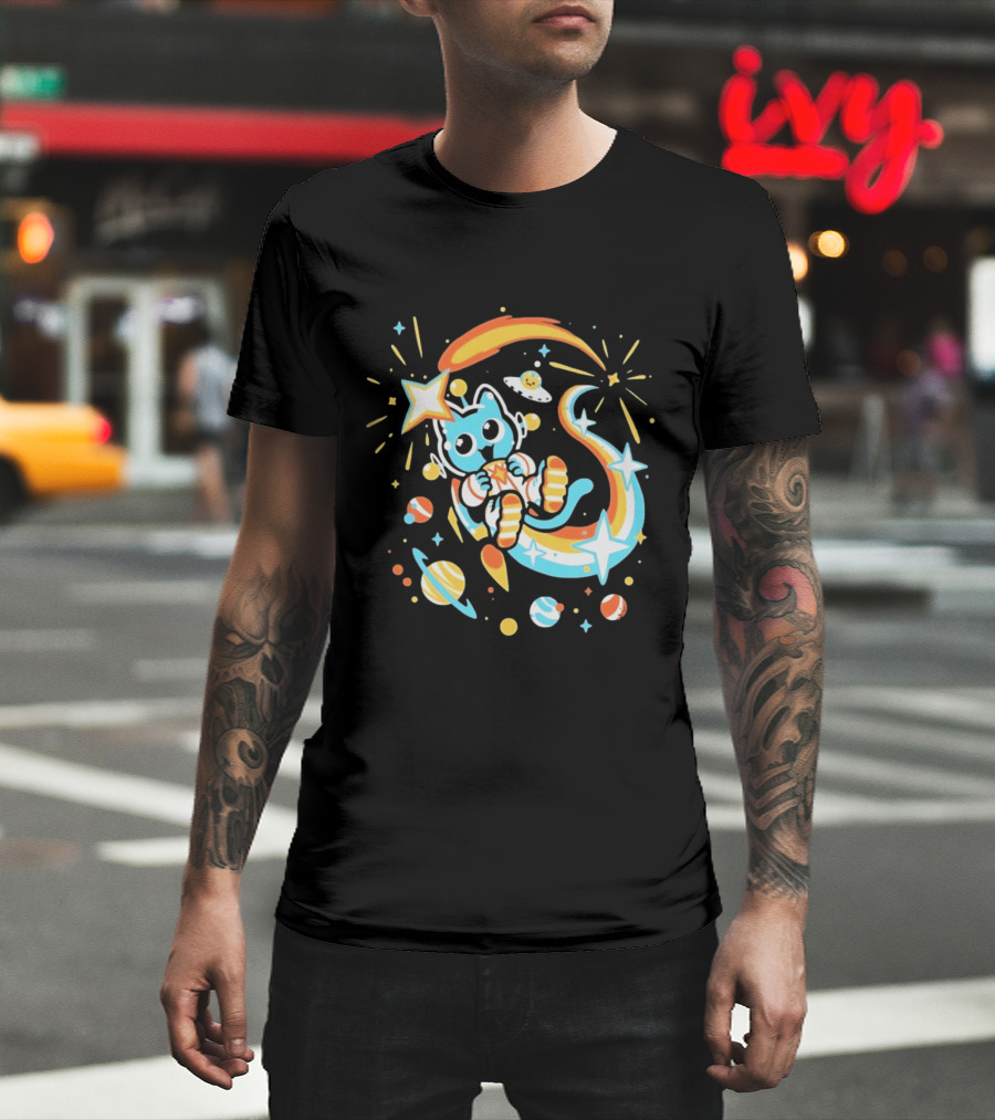 Cosmic Cat Cosmonaut Adventure In Stardust Space With Planets And Shooting Stars T-Shirt