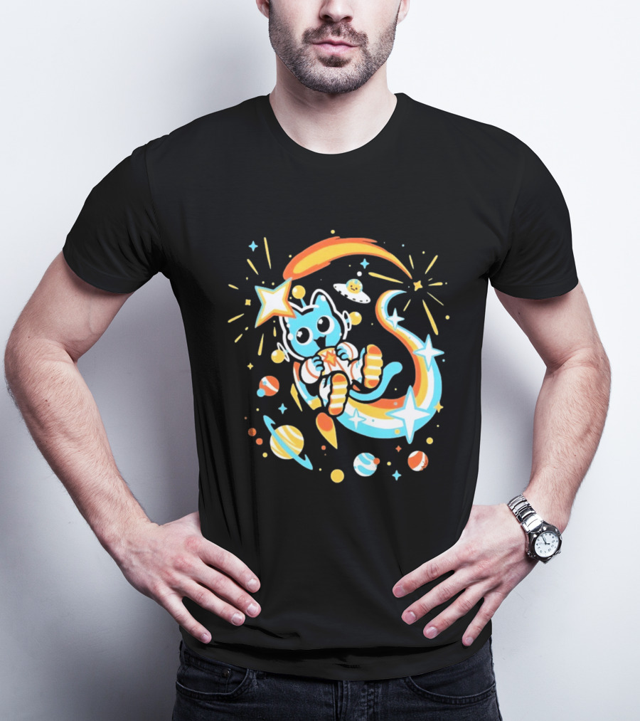 Cosmic Cat Cosmonaut Adventure In Stardust Space With Planets And Shooting Stars T-Shirt