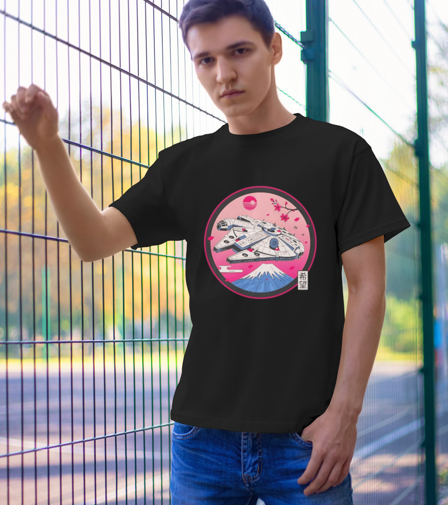 Millennium Falcon Over Fuji Cherry Blossoms Hope Kanji Circle T-Shirt