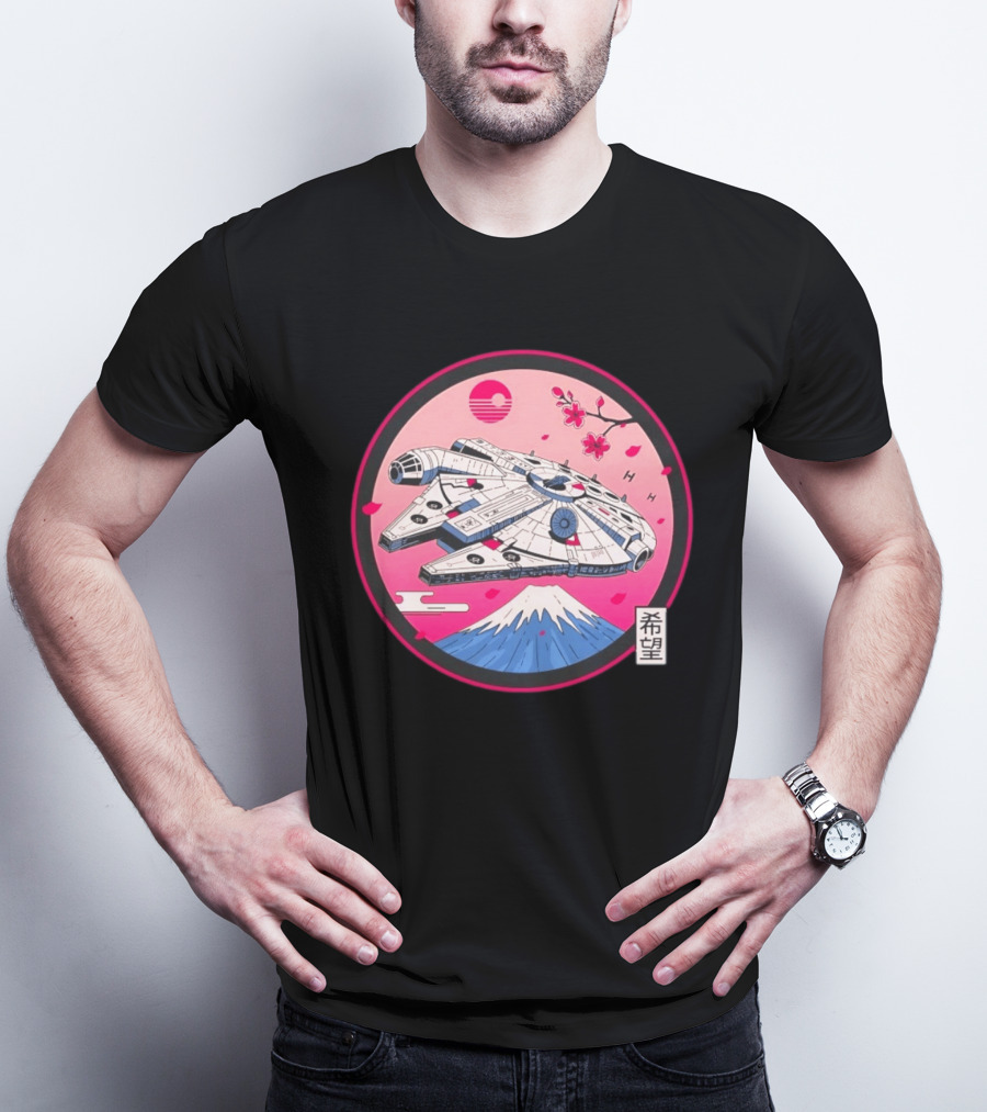 Millennium Falcon Over Fuji Cherry Blossoms Hope Kanji Circle T-Shirt