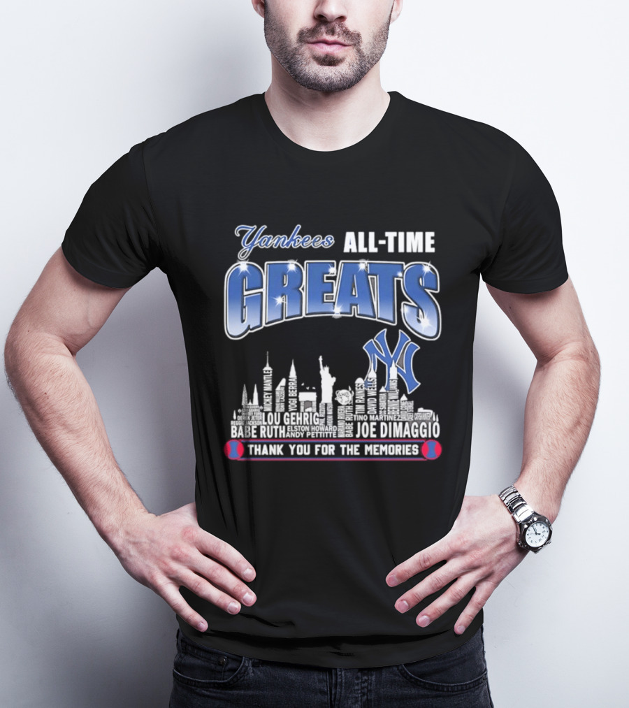 Yankees All Time Greats Lou Gehrig Babe Ruth Joe DiMaggio Derek Jeter MLB Skyline Yankees NY Thank You For The Memories T-Shirt