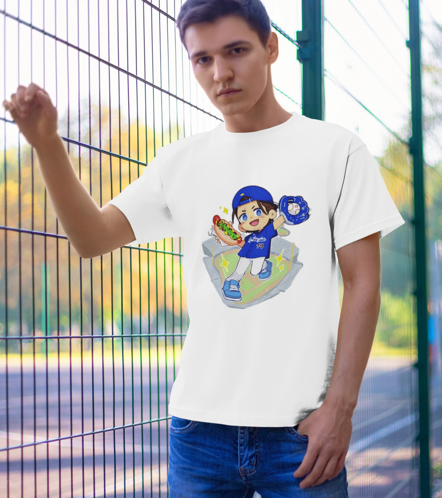 Enrique Hernandez Los Angeles Dodgers 14 Cartoon Style Baseball Glove And Hot Dog T-Shirt