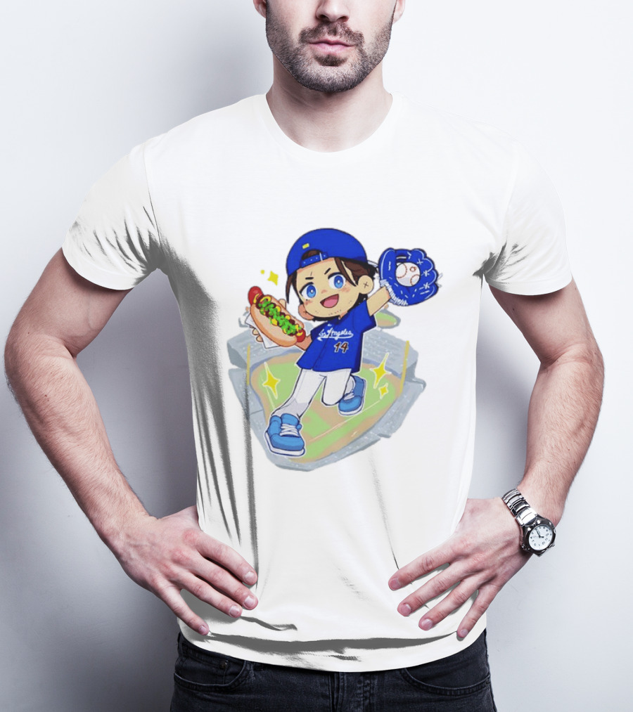 Enrique Hernandez Los Angeles Dodgers 14 Cartoon Style Baseball Glove And Hot Dog T-Shirt