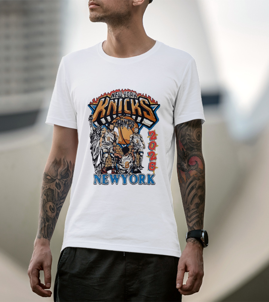 New York Knicks 2026 Champs Jalen Brunson OG Anunoby Josh Hart Statue Of Liberty T-Shirt