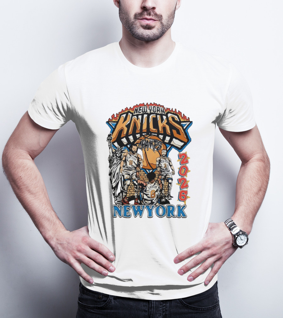 New York Knicks 2026 Champs Jalen Brunson OG Anunoby Josh Hart Statue Of Liberty T-Shirt
