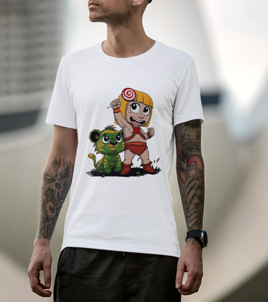 Master Of Kindergarten He Man Chibi With Tiger And Lollipop T-Shirt