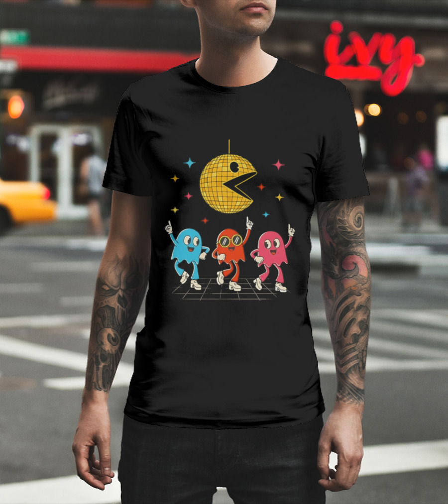 Pac Man Disco Ball And Ghosts Dance Arcade Party T-Shirt
