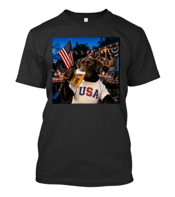 USA Chocolate Lab Drinking Beer American Flag 4th Of July Dog T-Shirt