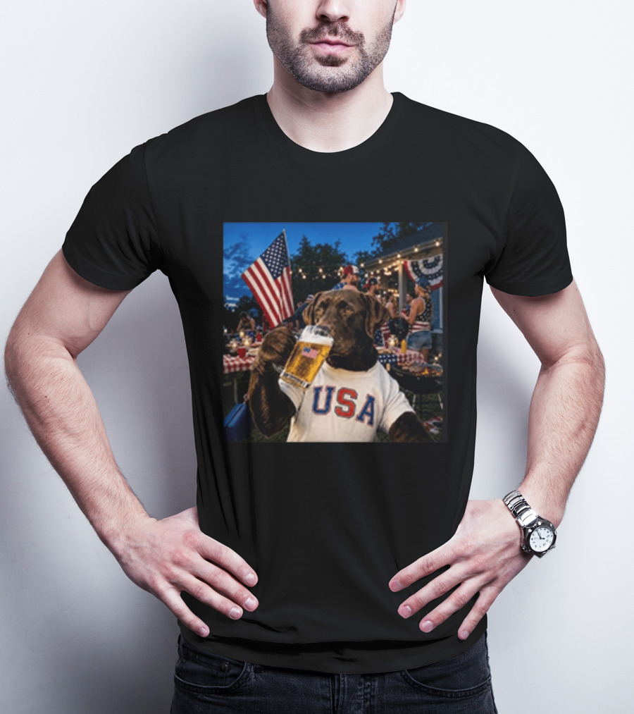 USA Chocolate Lab Drinking Beer American Flag 4th Of July Dog T-Shirt