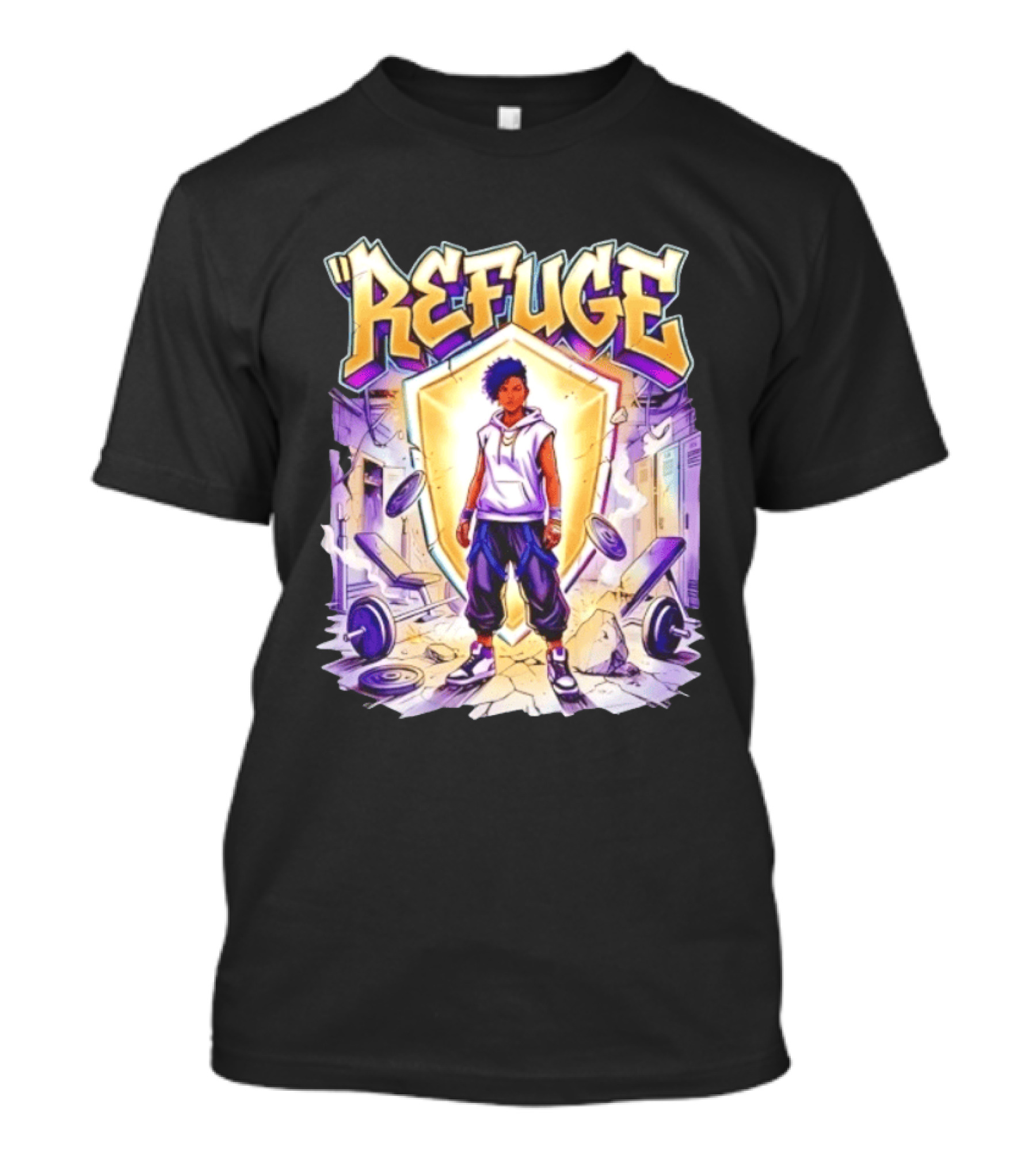 Refuge Strength God Shield Manga Style Weightlifting Motif T-Shirt