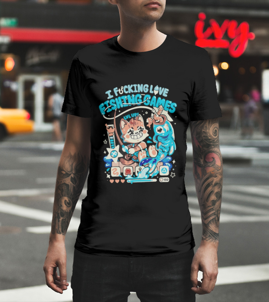 I Fucking Love Fishing Games XP Splash Cute Cat With Fish And Hearts T-Shirt