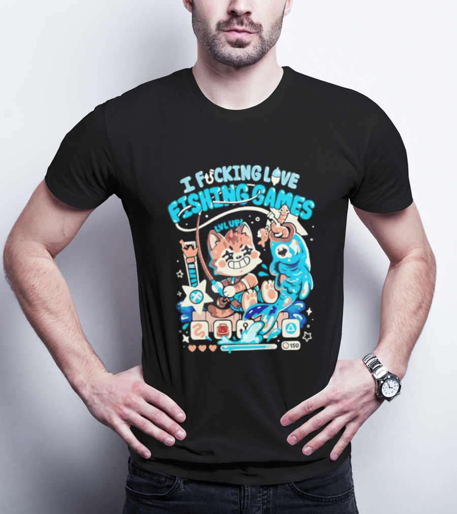 I Fucking Love Fishing Games XP Splash Cute Cat With Fish And Hearts T-Shirt