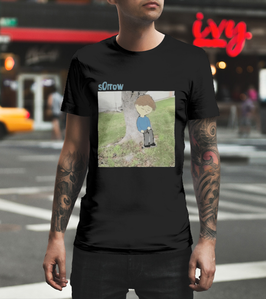 Sorrow Unhappy Sad Boy Leaning Against Tree T-Shirt