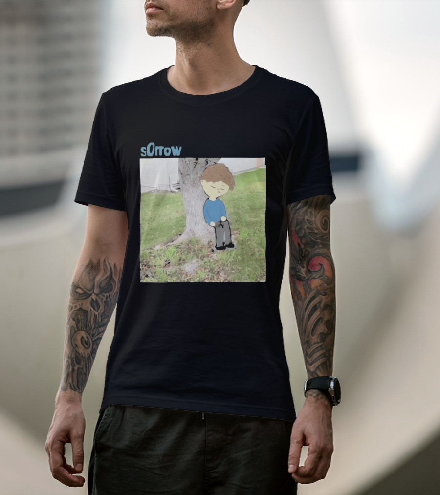 Sorrow Unhappy Sad Boy Leaning Against Tree T-Shirt