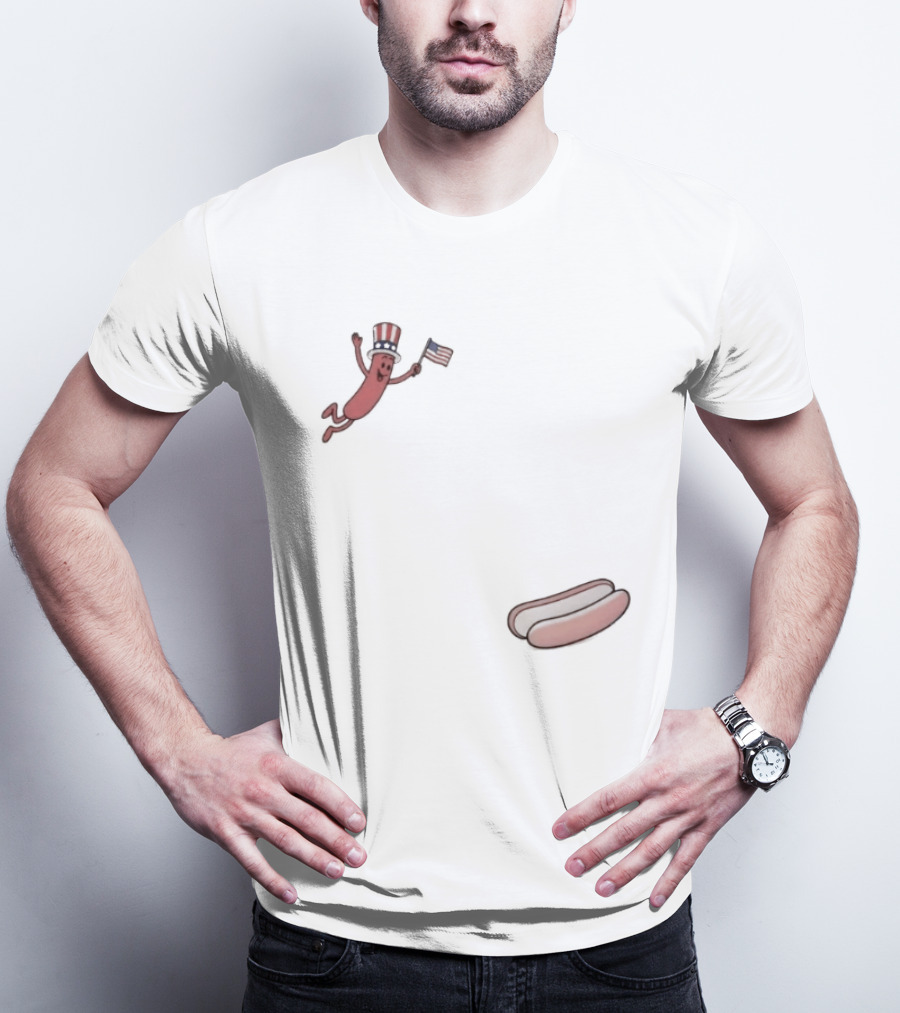 Hot Dog Wearing USA Flag Hat Jumping With American Spirit T-Shirt