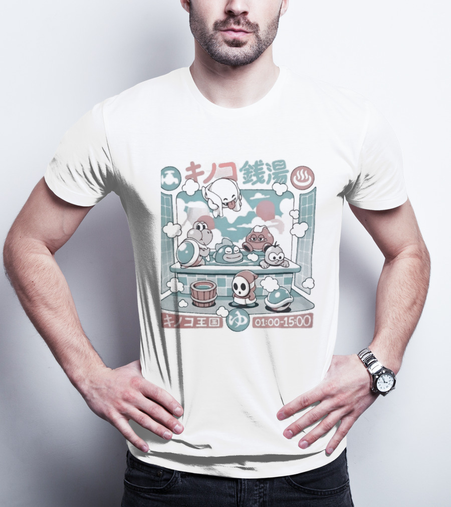 Mushroom Bathhouse Ilustrata Onsen Adventure Kanji Pixel T-Shirt