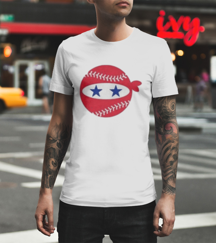 Pitching Ninja Baseball Two Blue Stars Red Baseball Stitches T-Shirt