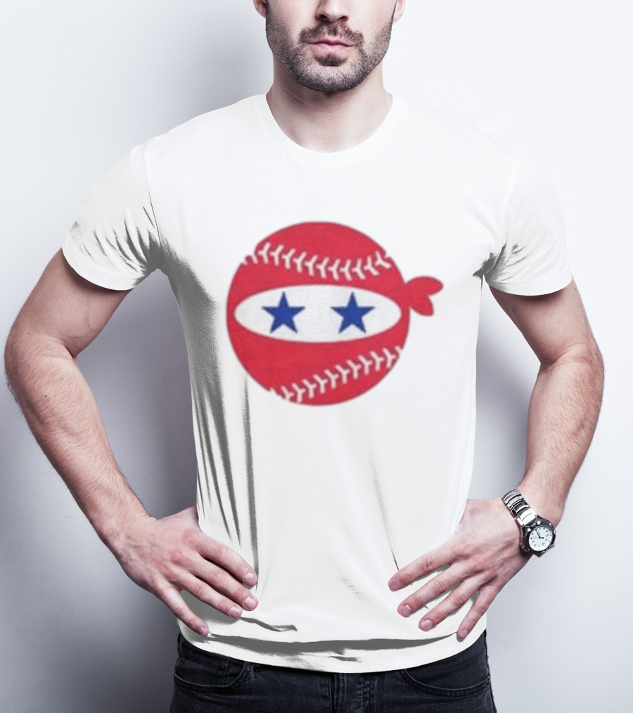 Pitching Ninja Baseball Two Blue Stars Red Baseball Stitches T-Shirt