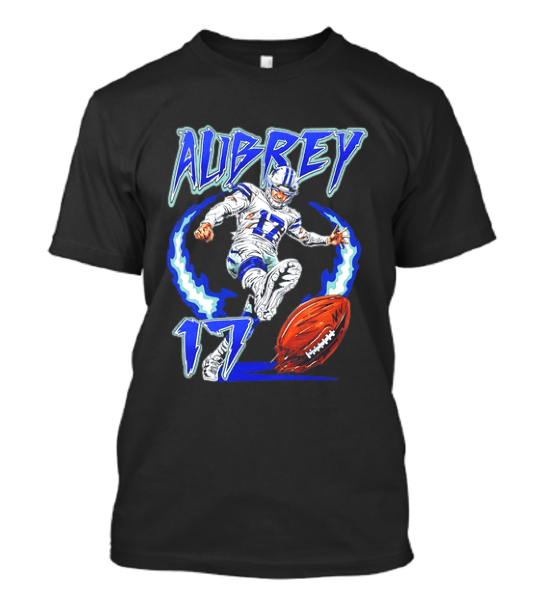 Aubrey 17 Dallas Football Player Kicking With Blue Lightning T-Shirt
