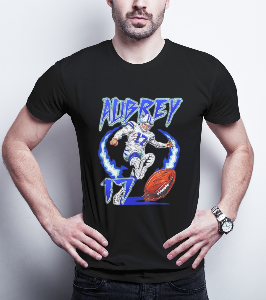 Aubrey 17 Dallas Football Player Kicking With Blue Lightning T-Shirt