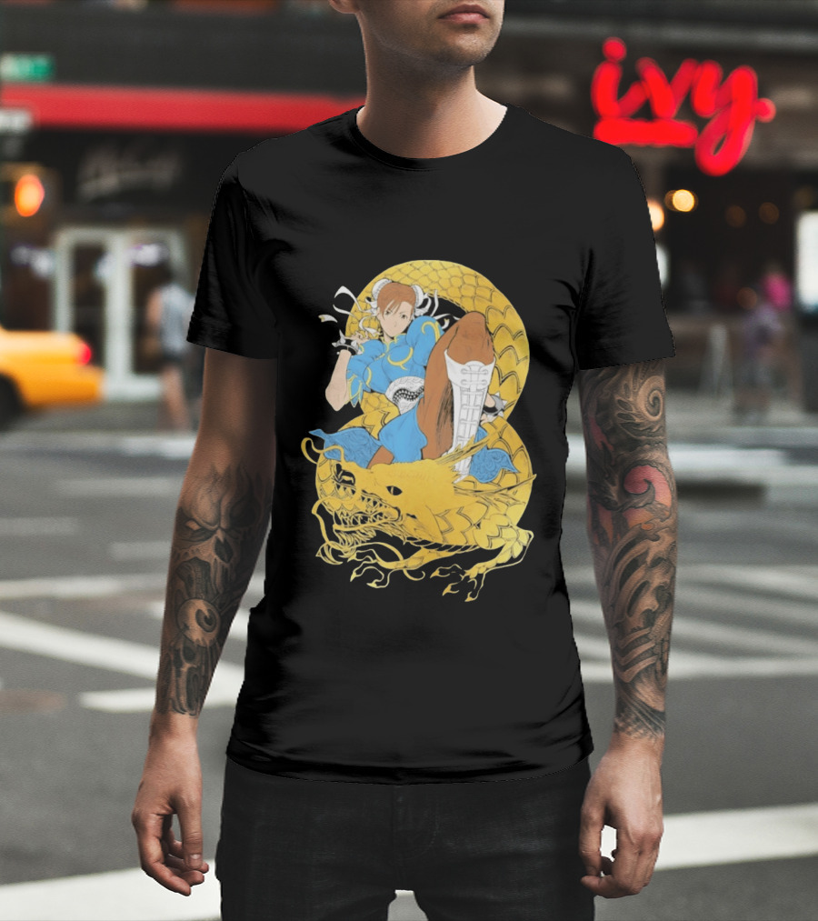 Chun Li Gold Dragon Kick Fighter Blue Outfit Gold Dragon T-Shirt