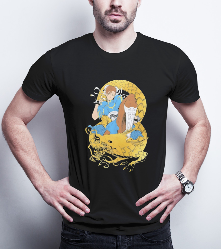 Chun Li Gold Dragon Kick Fighter Blue Outfit Gold Dragon T-Shirt