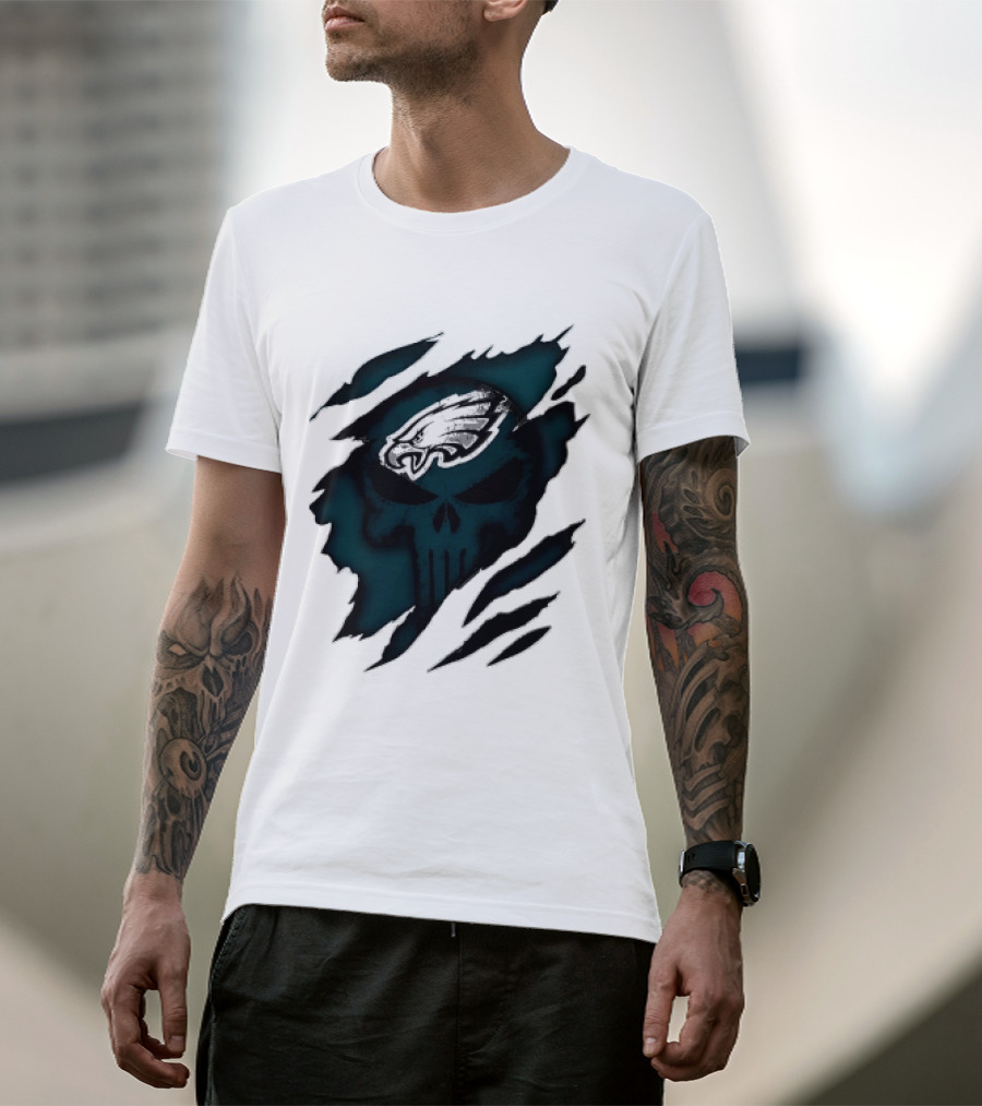 Philadelphia Eagles Punisher Skull Ripped Effect NFL Team Merchandise T-Shirt