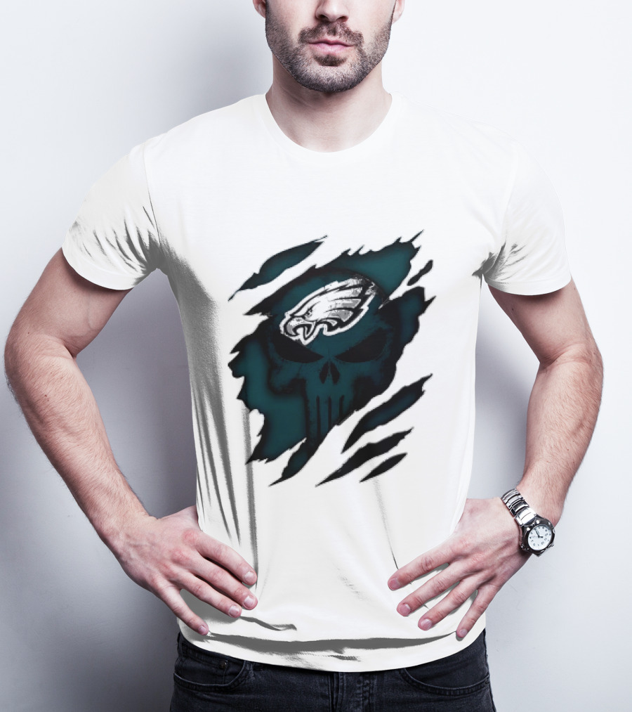 Philadelphia Eagles Punisher Skull Ripped Effect NFL Team Merchandise T-Shirt