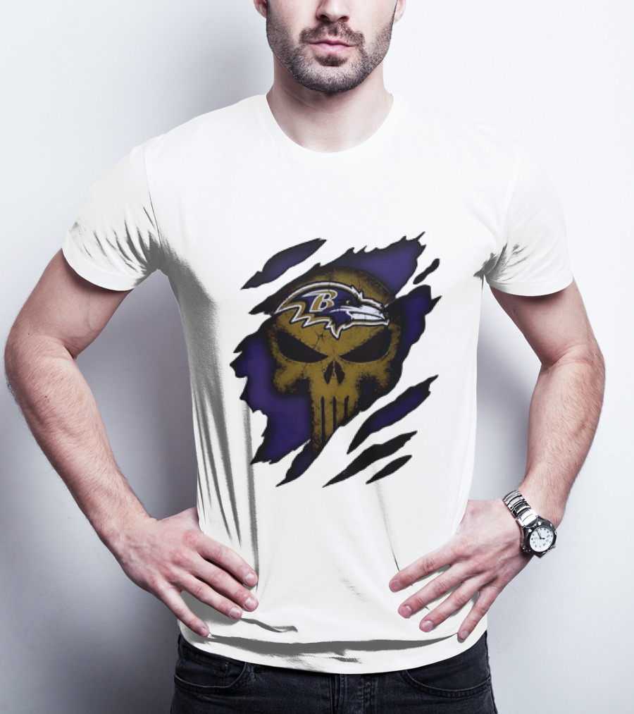 Baltimore Ravens Punisher Skull Torn Effect Fan Gear T-Shirt