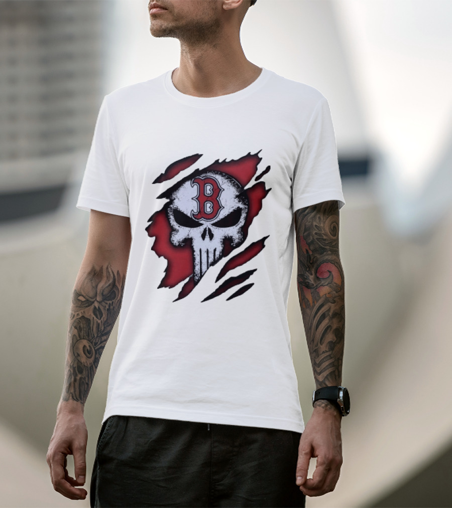 Boston Red Sox Skull Punisher Shredded Effect T-Shirt