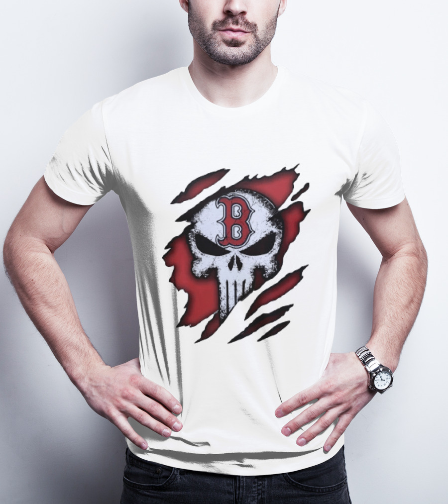 Boston Red Sox Skull Punisher Shredded Effect T-Shirt
