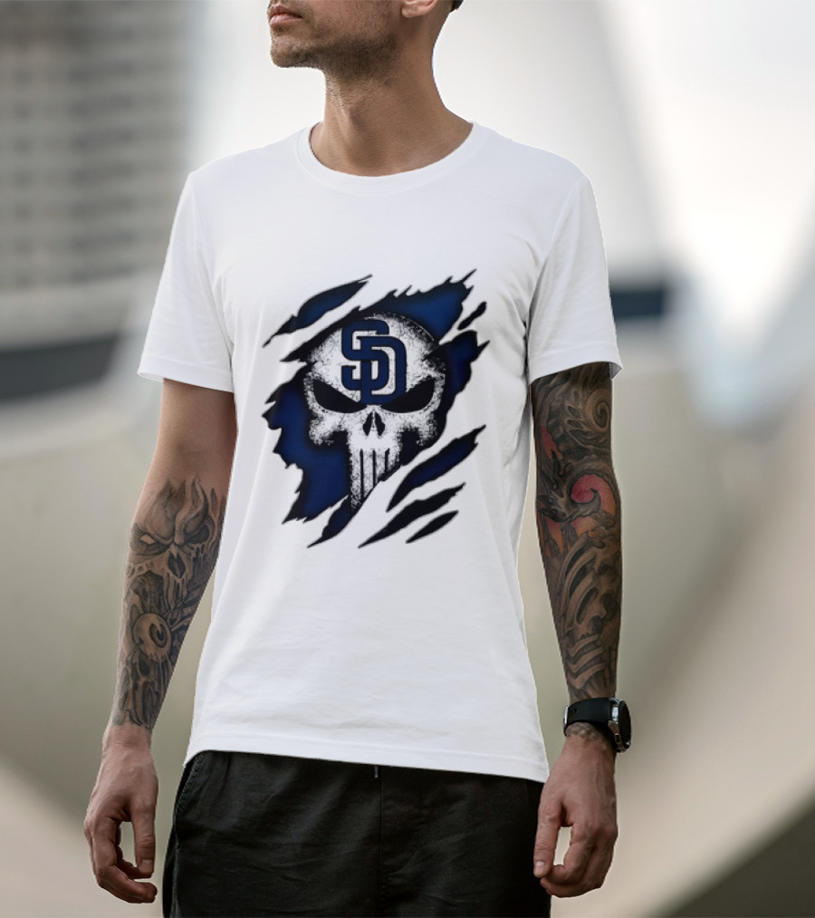 SD Punisher Skull Ripped Fabric San Diego Padres T-Shirt