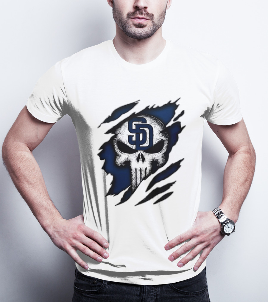 SD Punisher Skull Ripped Fabric San Diego Padres T-Shirt