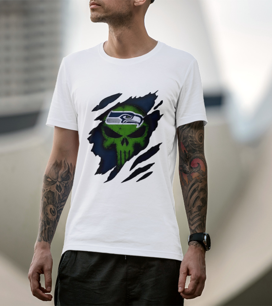 Seattle Seahawks Punisher Skull Ripped Fabric T-Shirt