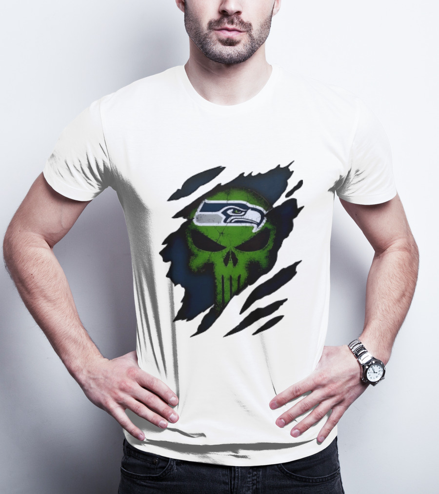 Seattle Seahawks Punisher Skull Ripped Fabric T-Shirt