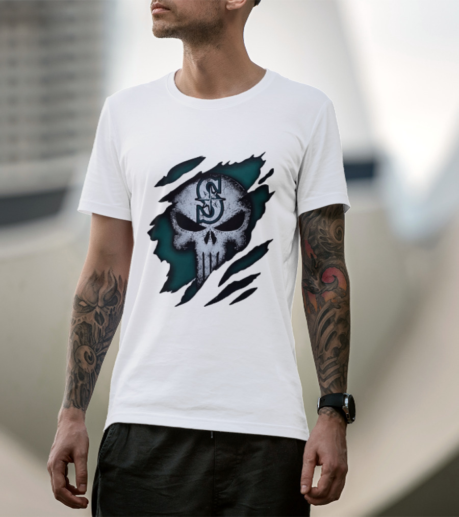 Seattle Mariners Punisher Skull Grunge Tear Effect T-Shirt